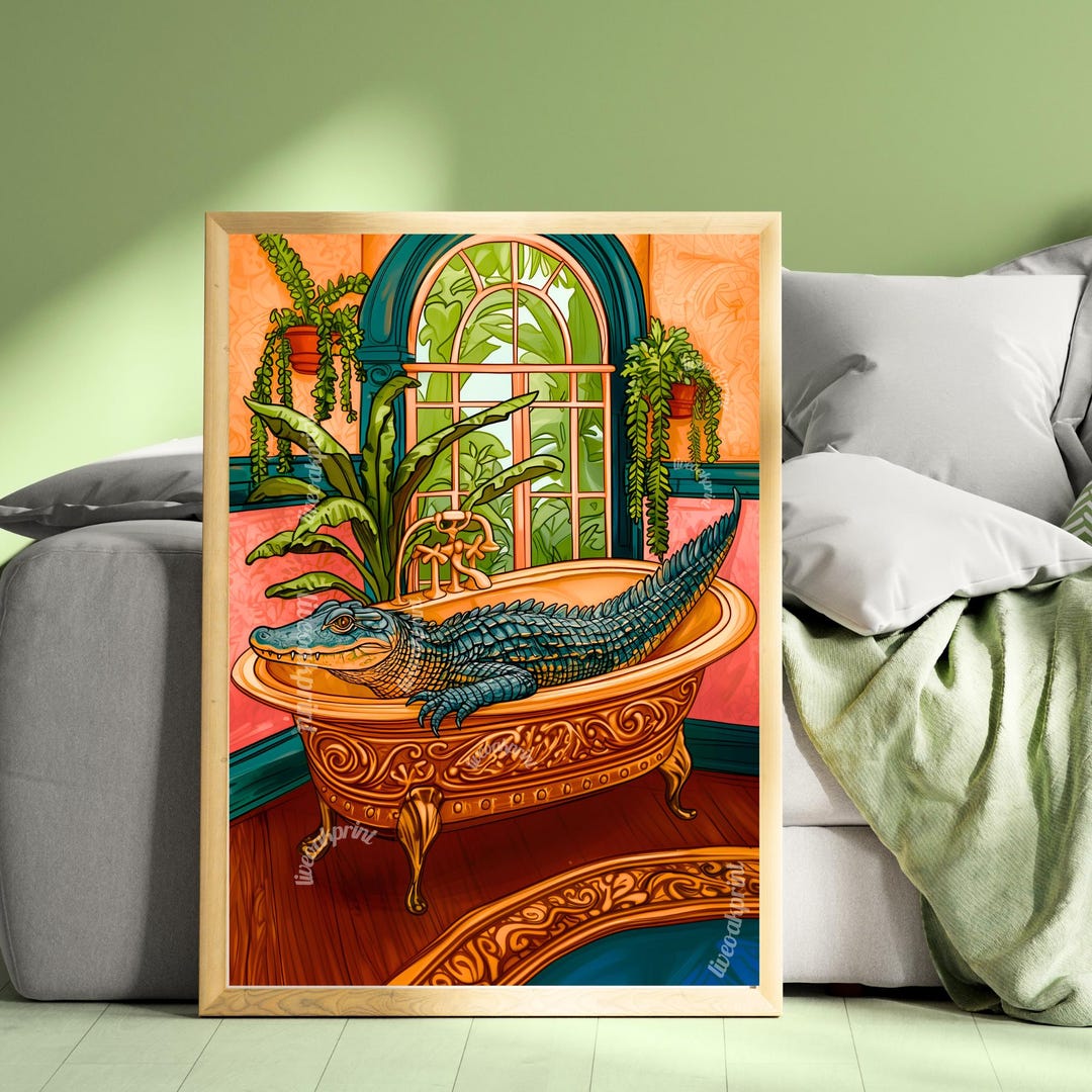 Gator in Bathtub Bathroom Print - Funny Alligator Wall Art - Quirky ...