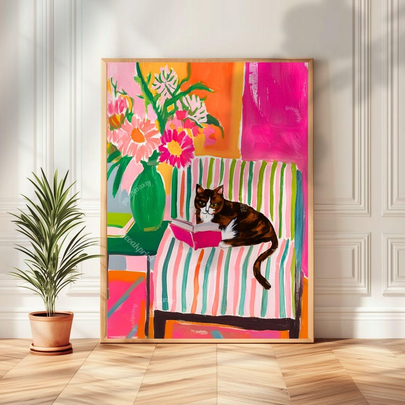 Calico Cat Reading Print – Calico Cat Wall Art Cozy Reading Nook Decor ...