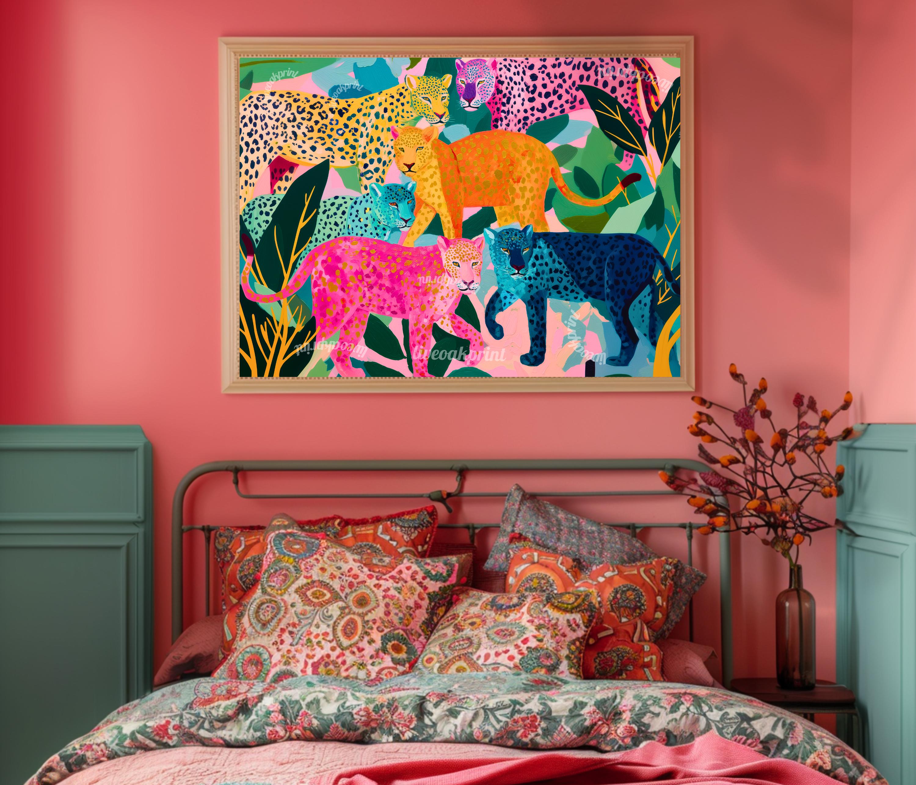 Horizontal Colorful Leopard Art Print - Whimsical Jungle Wall Art Pink ...