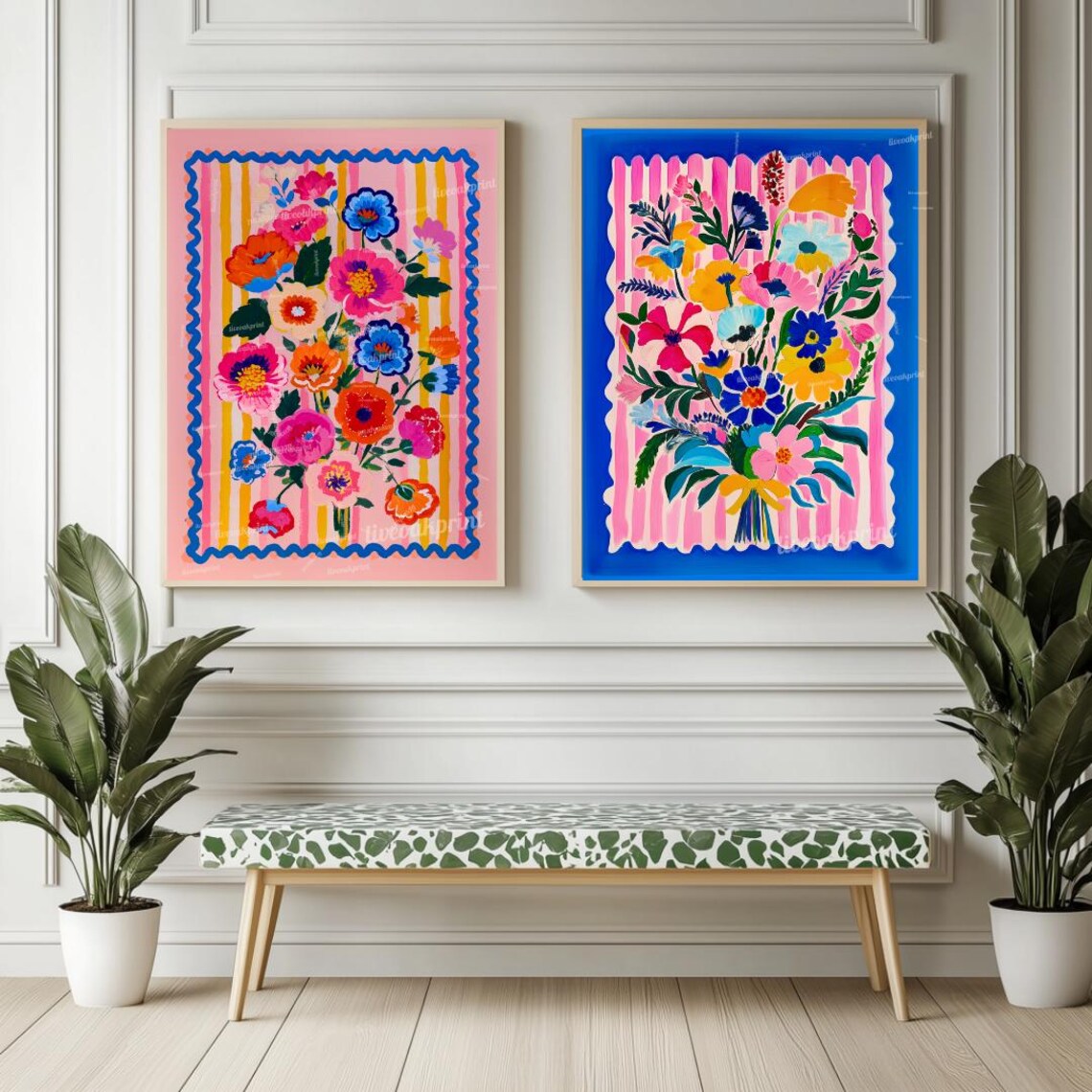 Bright Maximalist Floral Wall Art Set – Colorful Pink and Blue Flowers ...