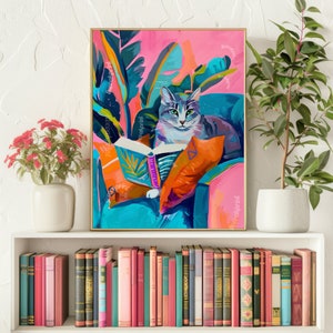 Cat Reading Print - Bookish Decor - Book Print - Boho Cat Decor ...
