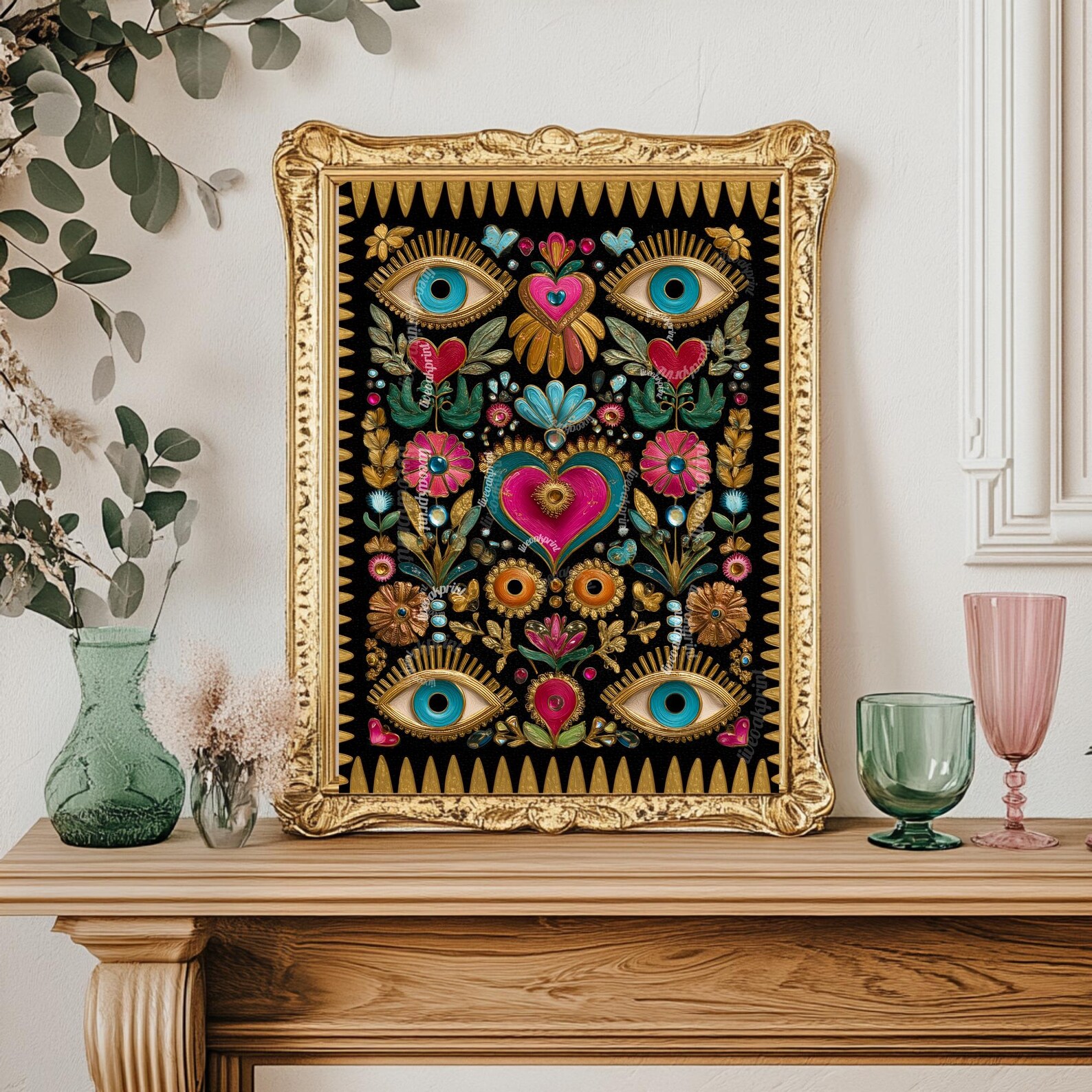 Psychedelic Eye Art Print - Eye and Heart Wall Art Maximalist Floral ...