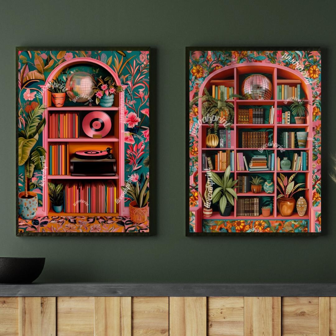 Disco Library and Record Player Art – Set of 2 Prints – Funky ...