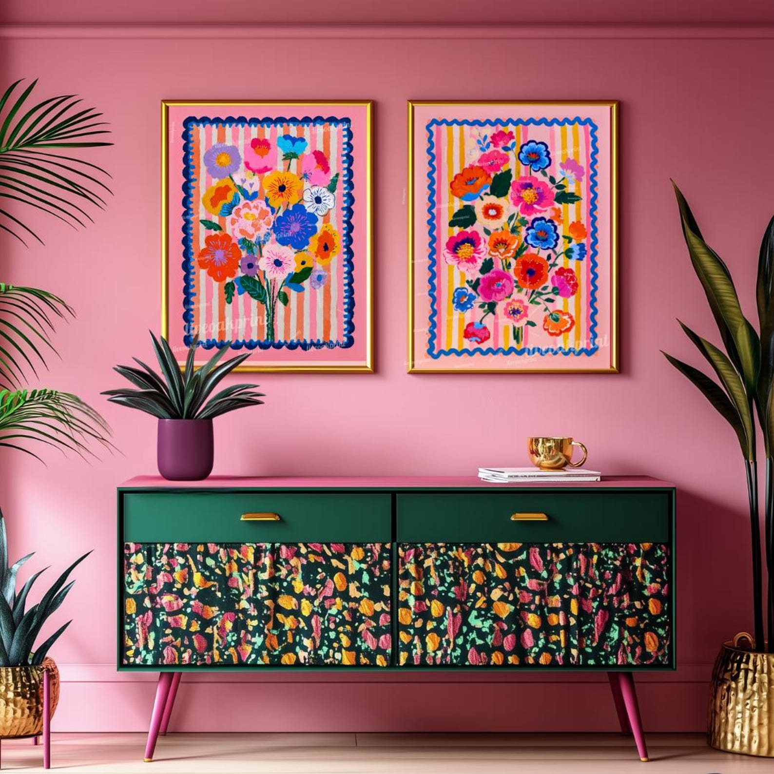 Pink Maximalist Floral Wall Art Set – Colorful Pink Flowers Set of Two ...