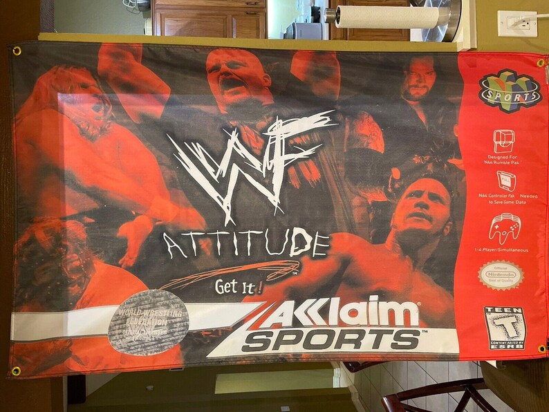 WWF Attitude Get It Nintendo N64 5ft Flag Banner Poster 1999 64 WWE ...