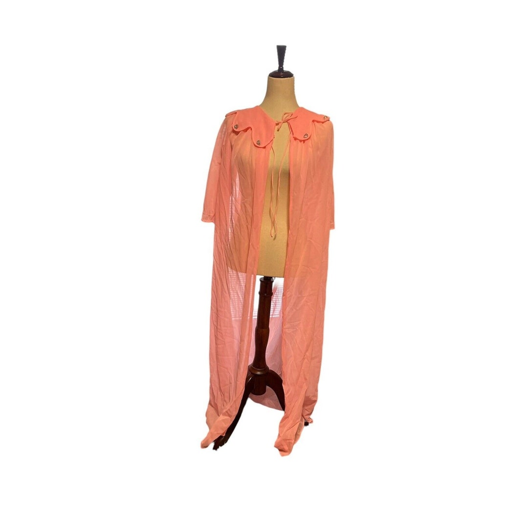 Peignoir Robe Peach Sheer Chiffon Embroidered Medium Open Front Flyaway ...