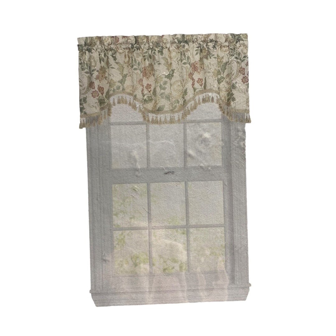 JC Penney Scalloped Valance Tassel Fringe 80x22 Beige Sage Brown Floral ...