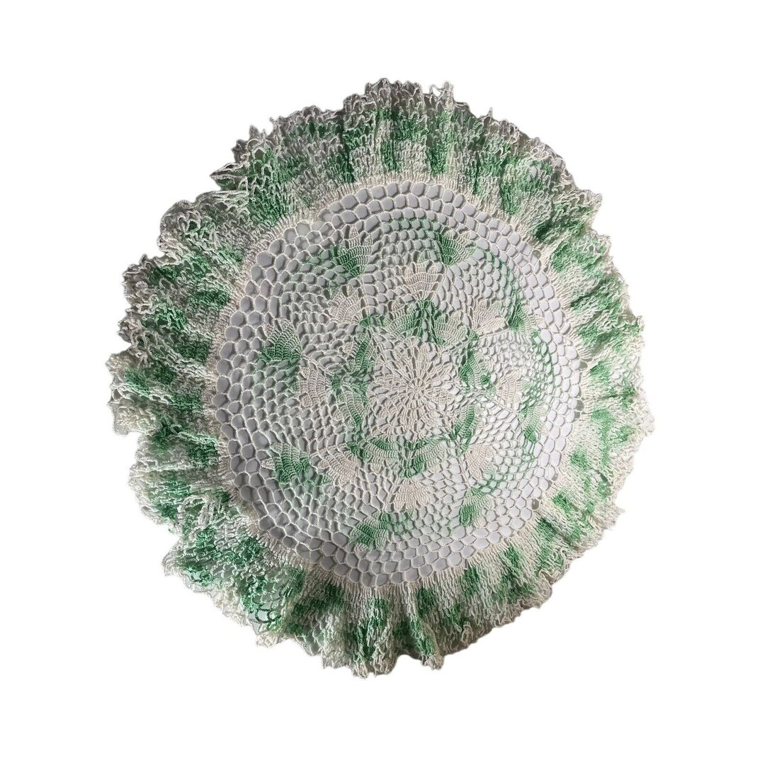 Hand Crochet Floral Doily Starched Cotton Green & White 26” Frill ...