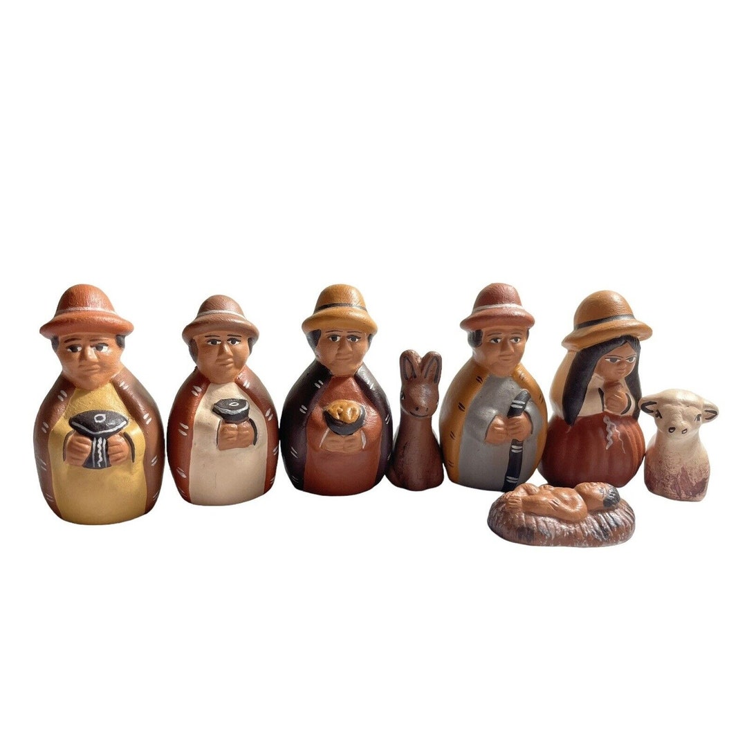 Peruvian Pottery Nativity 8 Pc Set Mini Figures Jesus Lamb Donkey Hand ...