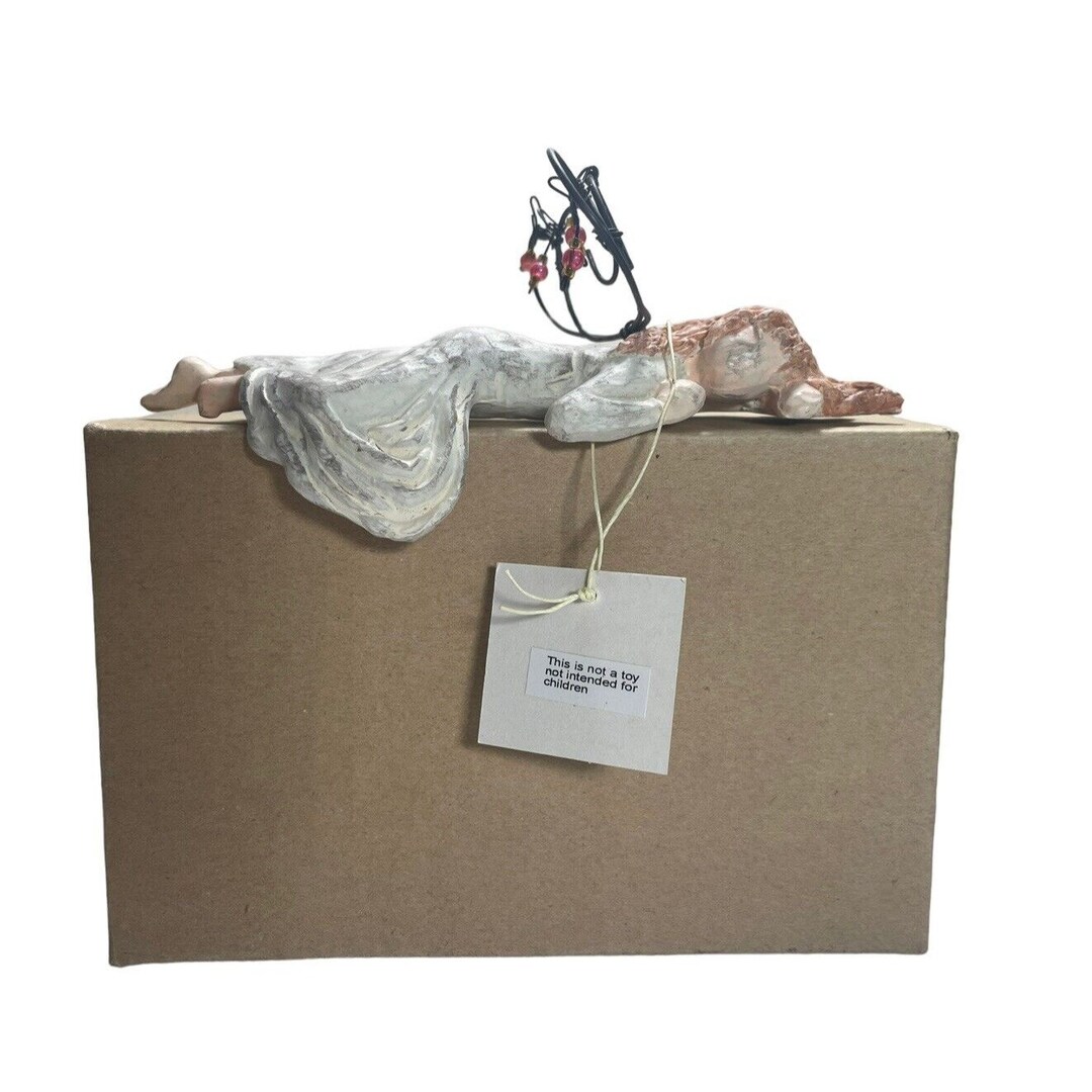 Sleeping Angel Windowsill Shelf Sitter 5.75” Beaded Wire Wings Rustic ...