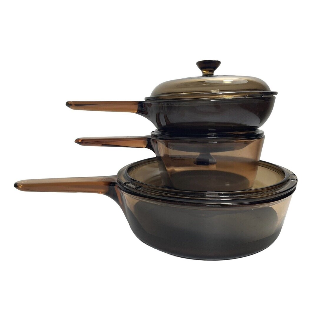 Visions Amber Pyrex Teflon 1L Spout Saucepan 7 Pan 10 Chicken Fryer 6 ...