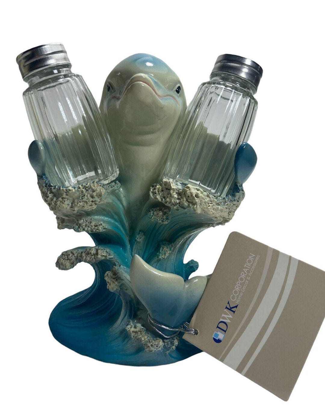 Blue Dolphin Sea Waves Salt & Pepper Shaker Caddy DWK Kitchen Decor New ...
