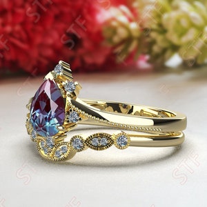 Lab Created Alexandrite Engagement Ring 14K Black Glod Ring Halo Ring ...