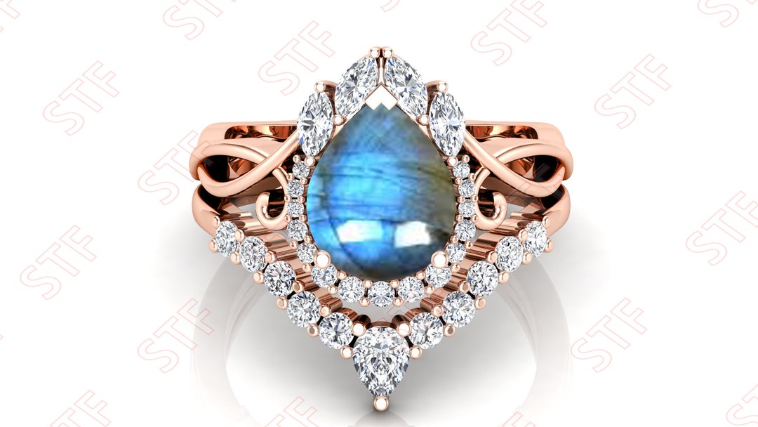10x8 Pear Shaped Natural Cab Labradorite Wedding Ring Set, Birthday ...