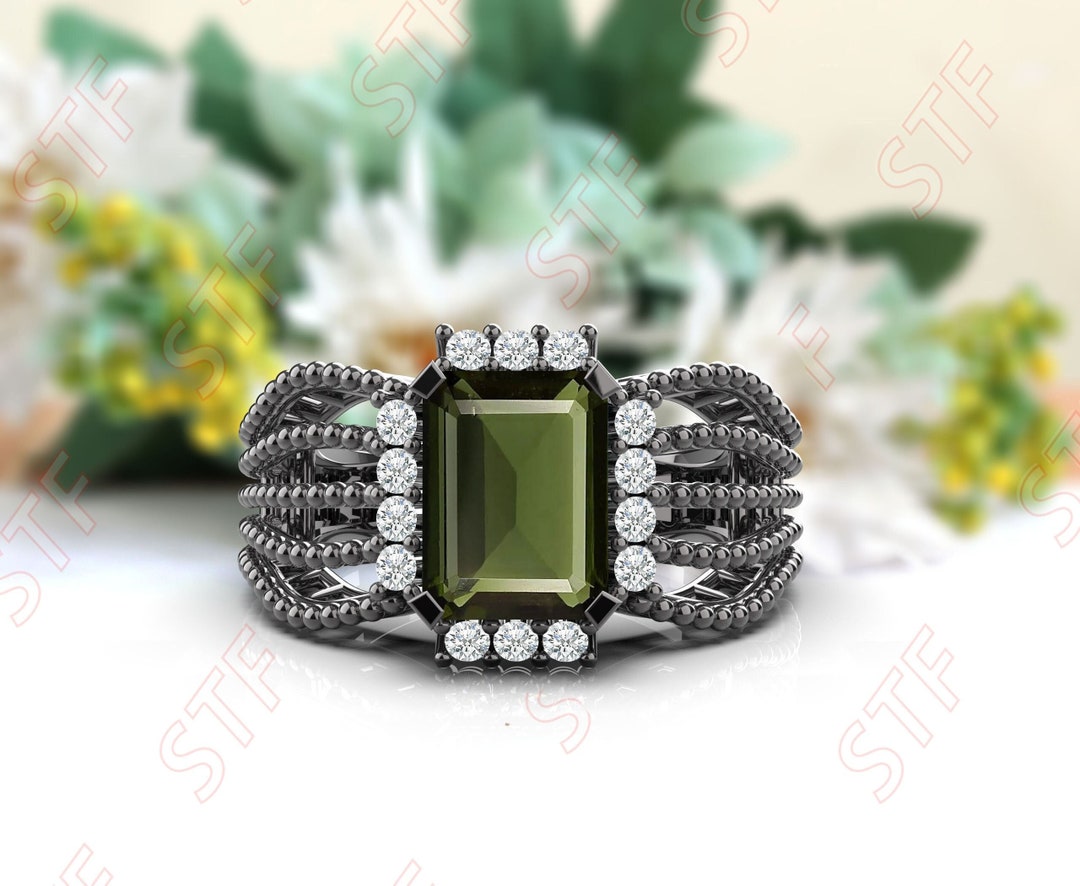 Octagon Moldavite Silver Engagement Ring Black Rhodium Ring Vintage Art ...