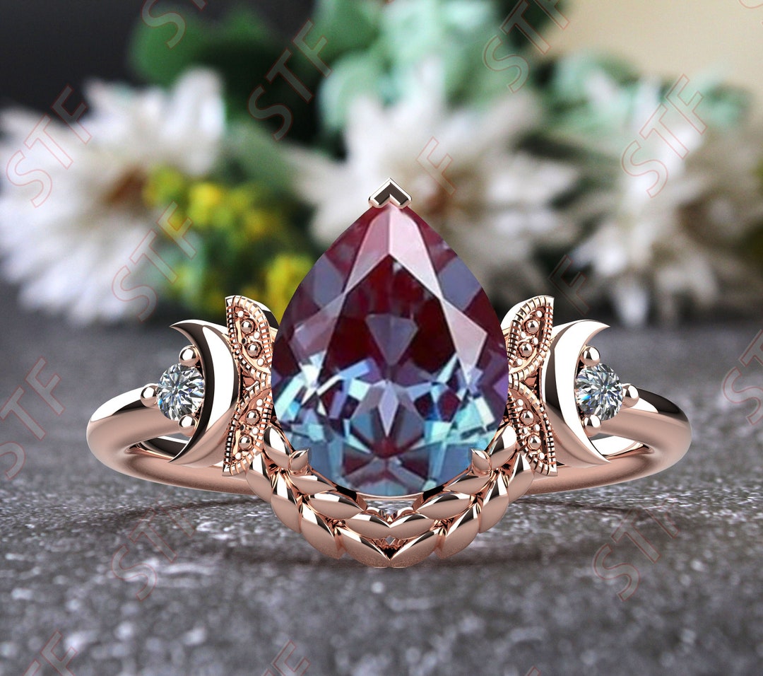 9x7mm Pear Alexandrite Engagement Ring Moon Style Gold Ring 14K Rose ...