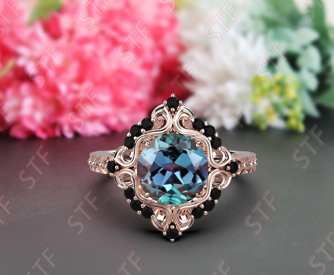 Round Alexandrite Wedding Ring Beautiful Floral Flower Engagement Ring ...