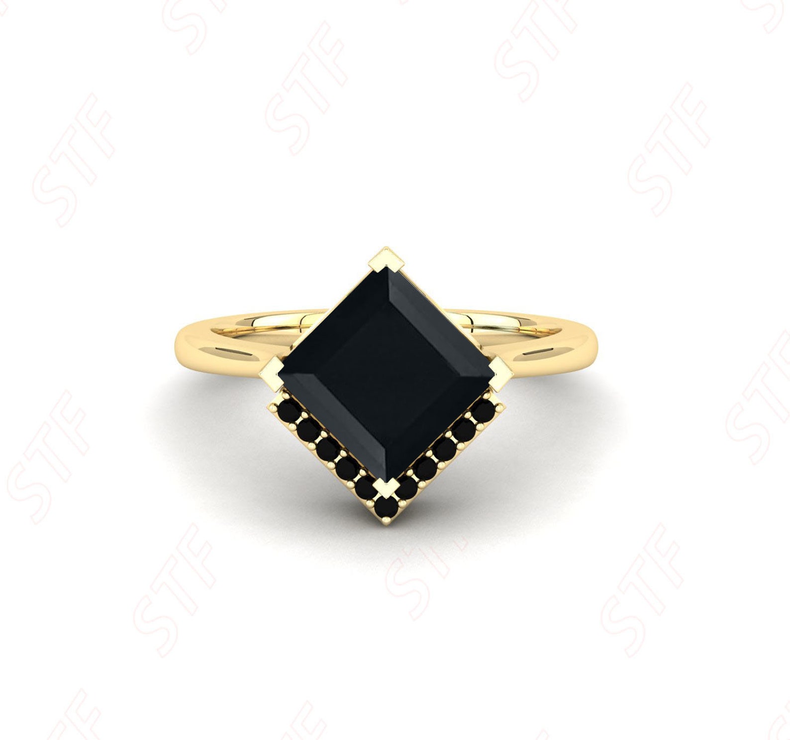 Princess Cut Black Onyx Gemstone Engagement Solitaire Ring Unique Art ...