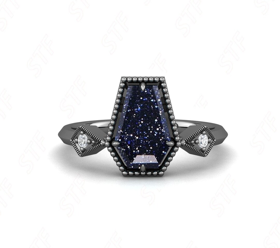 Natural Blue Sandstone Art Deco Coffin Cut Black Rhodium Ring Unique ...