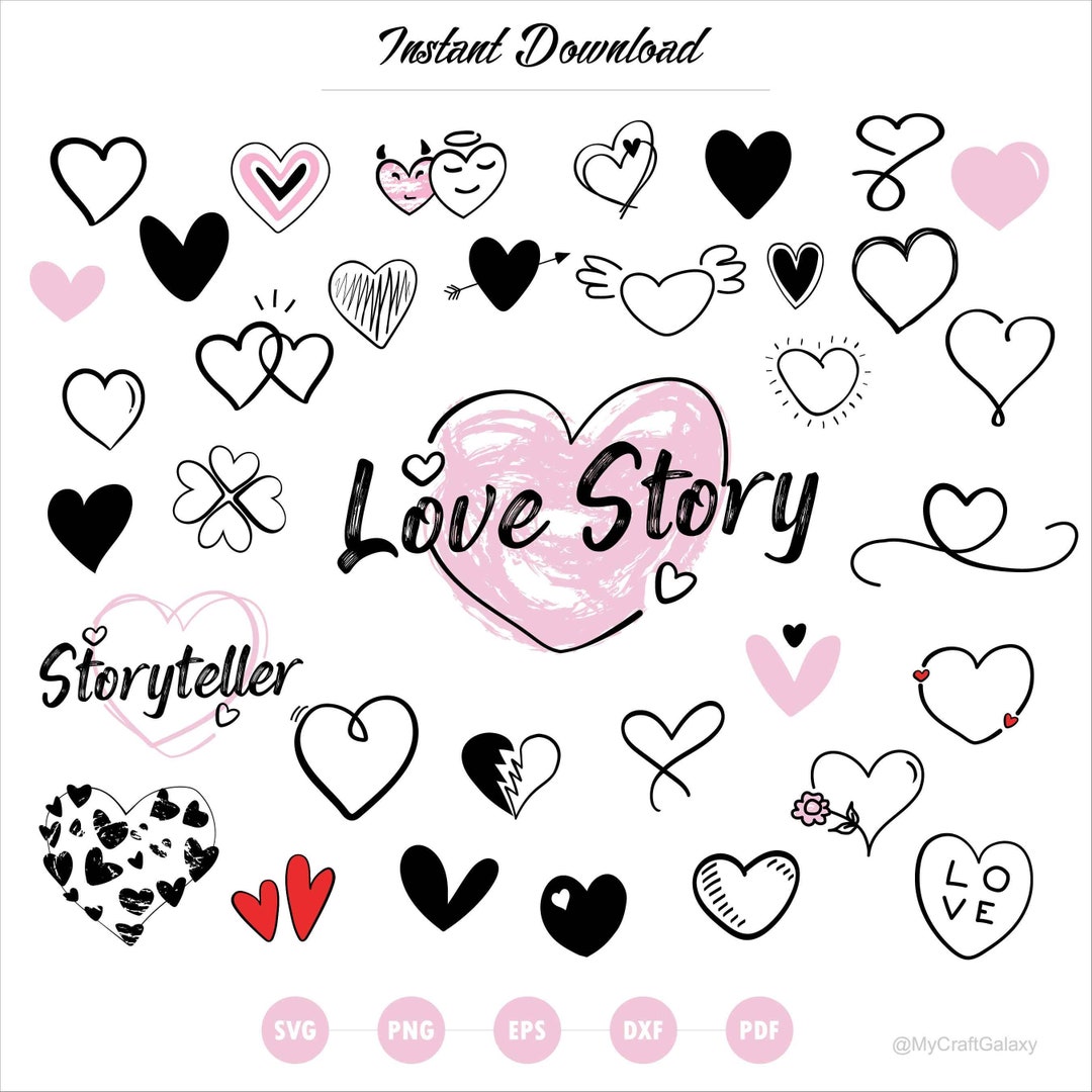 Heart Doodle SVG Bundle: Hand-drawn Valentine Clipart (digital Download ...