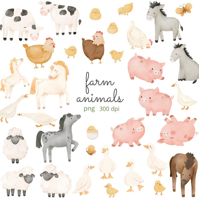 Watercolor Cute Farm Animals Clipart Nursery Art Design Cow, Pig, Sheep ...