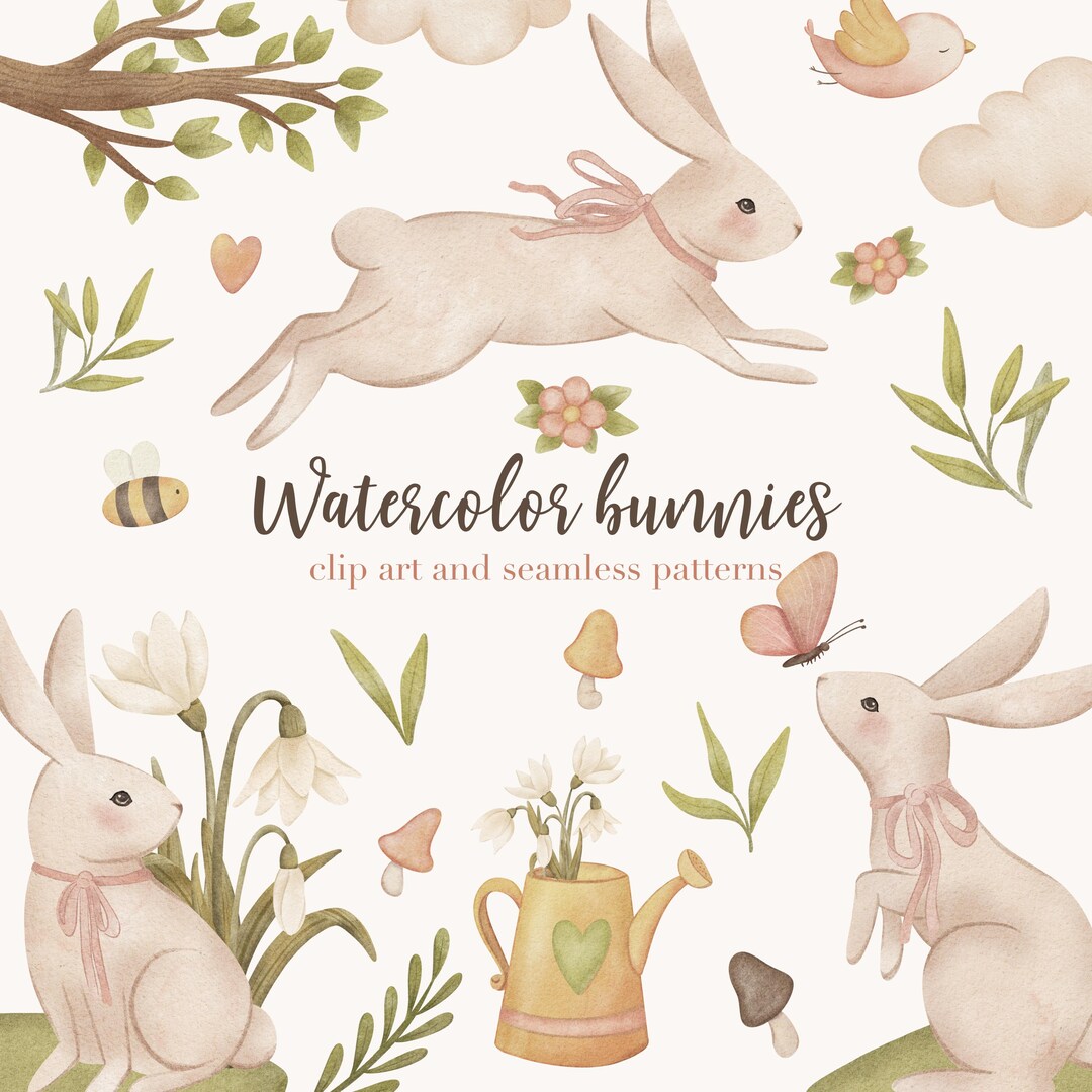 Cute Watercolor Bunny Clip Art Nursery Design + Seamless Patterns - Etsy