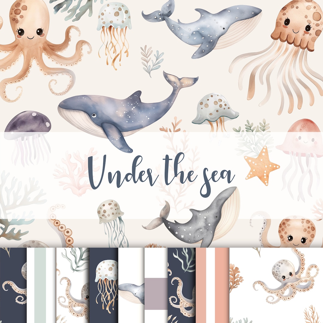 Cute Under the Sea Clipart and Seamless Patterns Bundle. the Whale ...