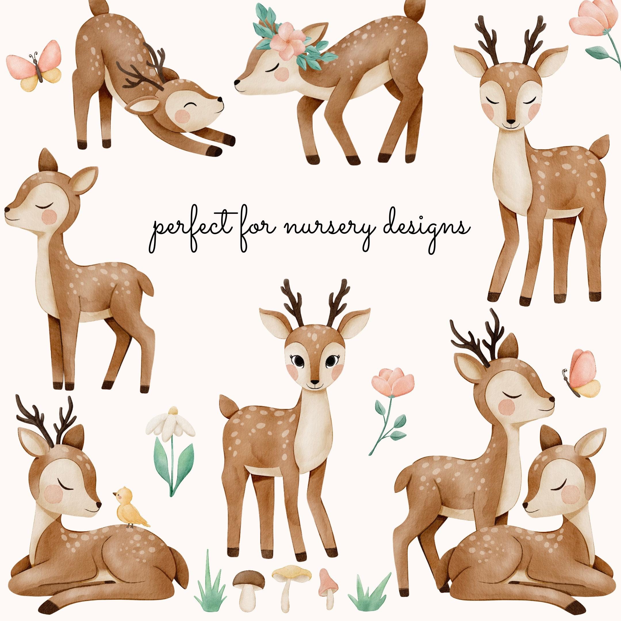 Cute Deer Watercolor Clipart, Woodland Animals, Baby Shower, Nursery ...
