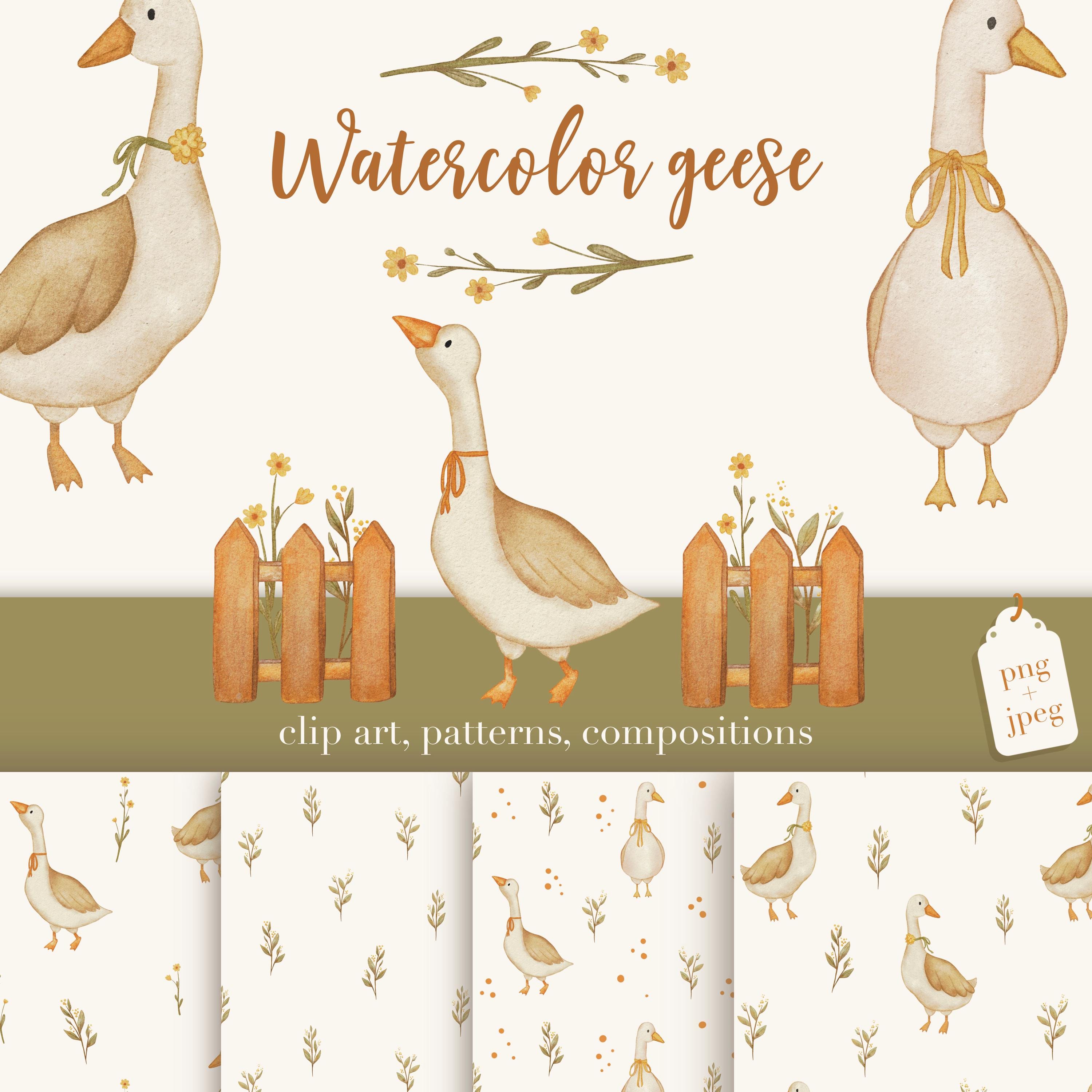 Watercolor Goose Clipart, Seamless Patterns – Cute Farmhouse Digital ...