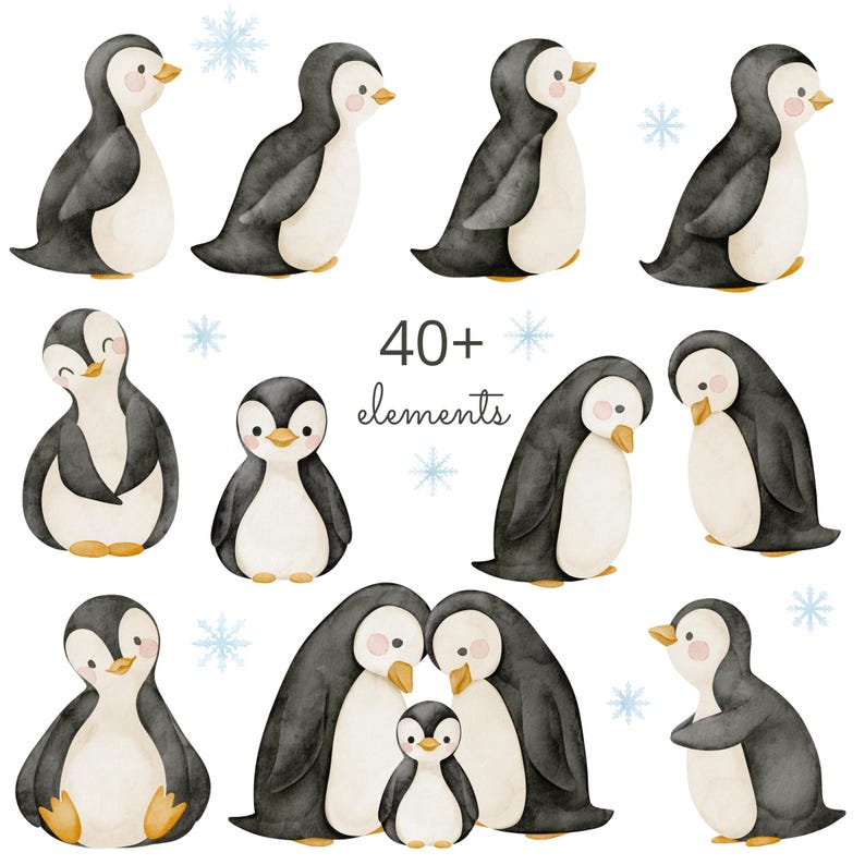 Watercolor Cute Penguins Clipart PNG Baby Shower, Nursery, Kids Design ...
