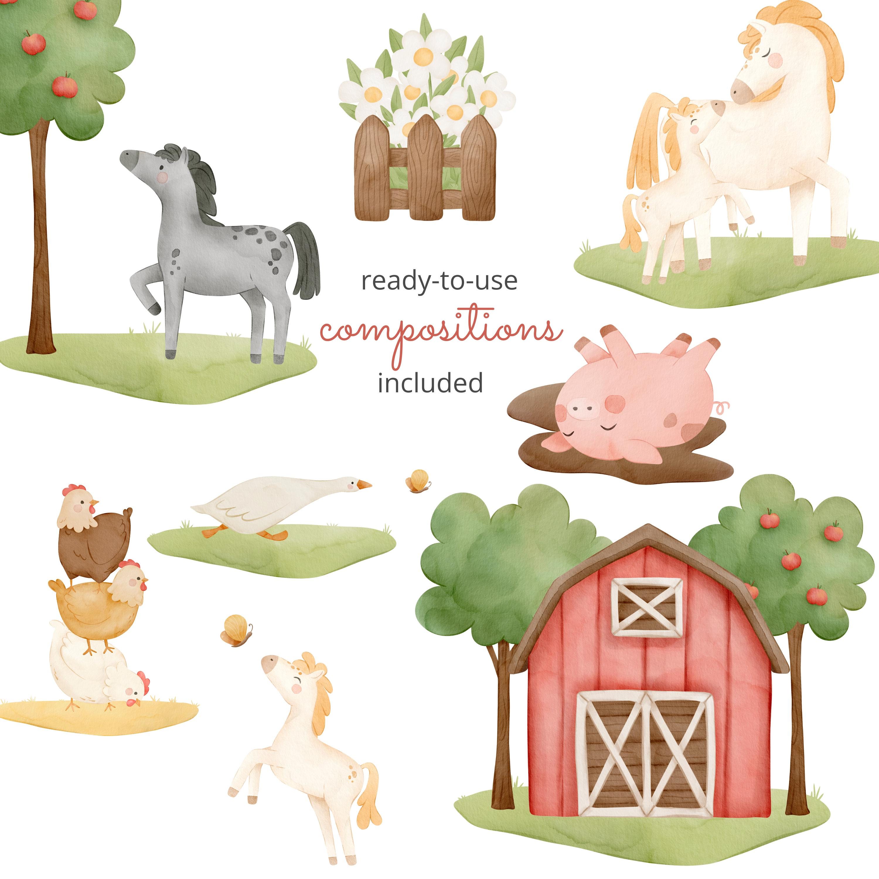 Watercolor Cute Farm Animals Clipart Nursery Art Design Cow, Pig, Sheep ...