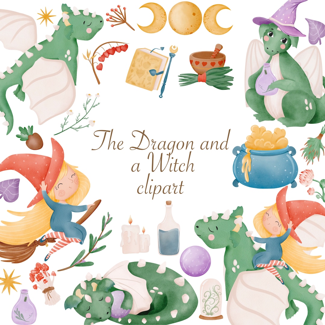 The Magic Dragon and a Cute Witch Watercolor Clipart - Etsy