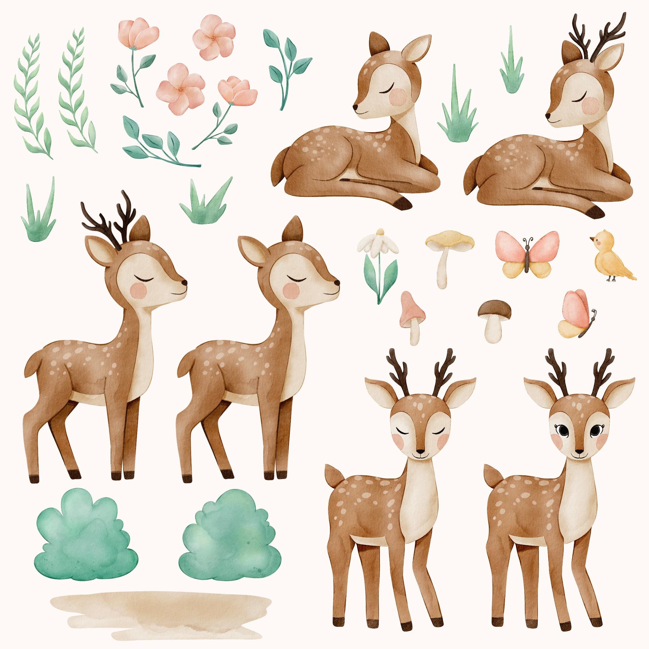 Cute Deer Watercolor Clipart, Woodland Animals, Baby Shower, Nursery ...