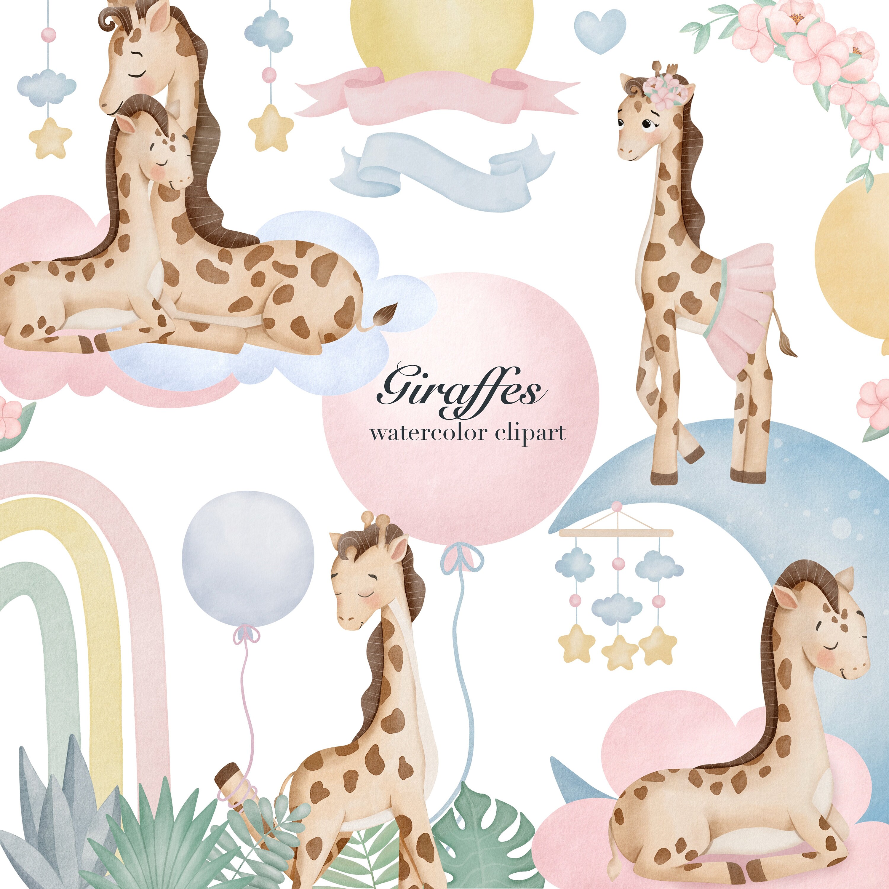 Watercolor Clipart With Giraffe Png for Kids Birthday, Baby Shower ...