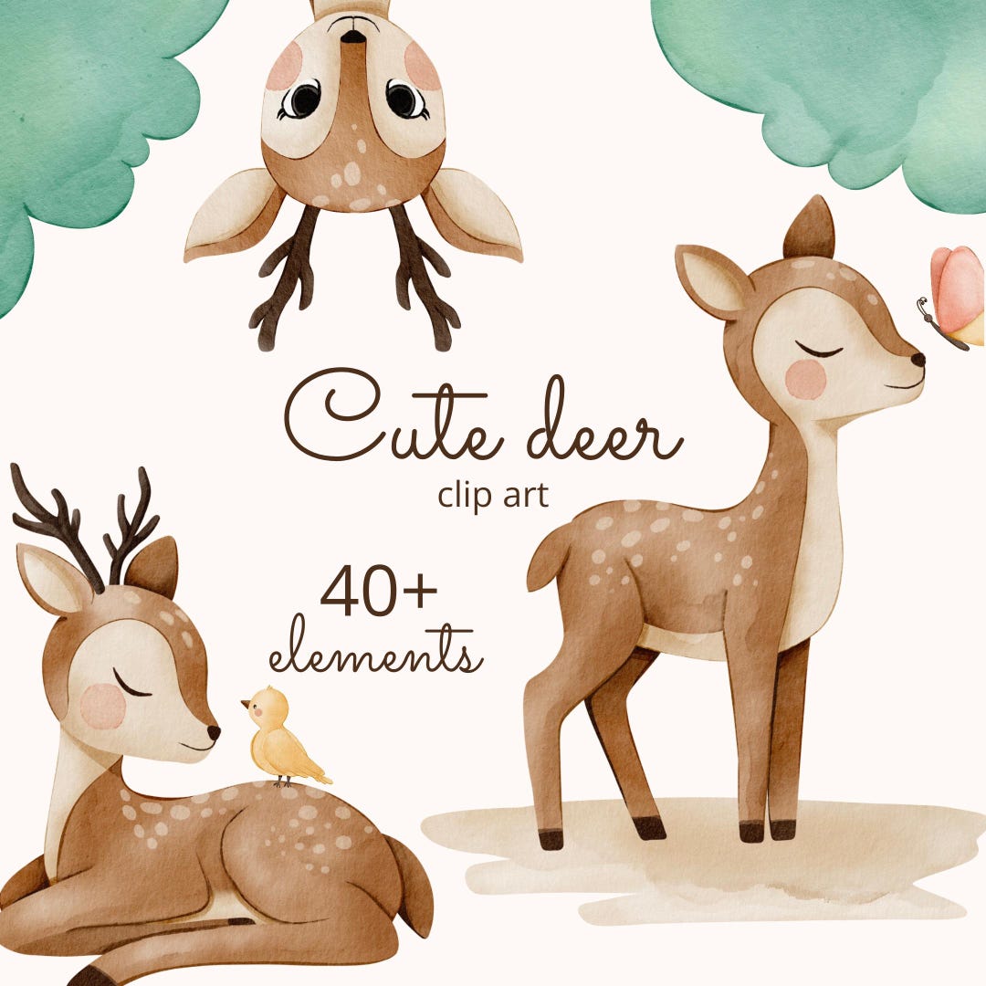 Cute Deer Watercolor Clipart, Woodland Animals, Baby Shower, Nursery ...