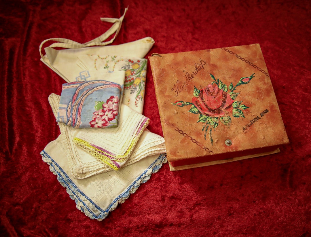 Leather Rose Embossed Handkerchief Souvenir Box With Six Handkerchiefs ...