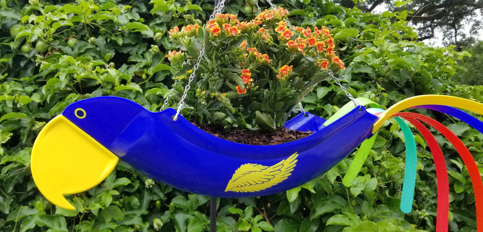 Blue Parrot planter with multicolored tails | Etsy