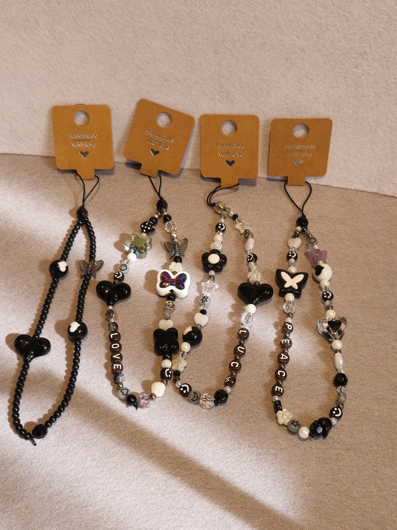 Cute Beaded Phone Strap, Phone Chain With Customization Option (black ...