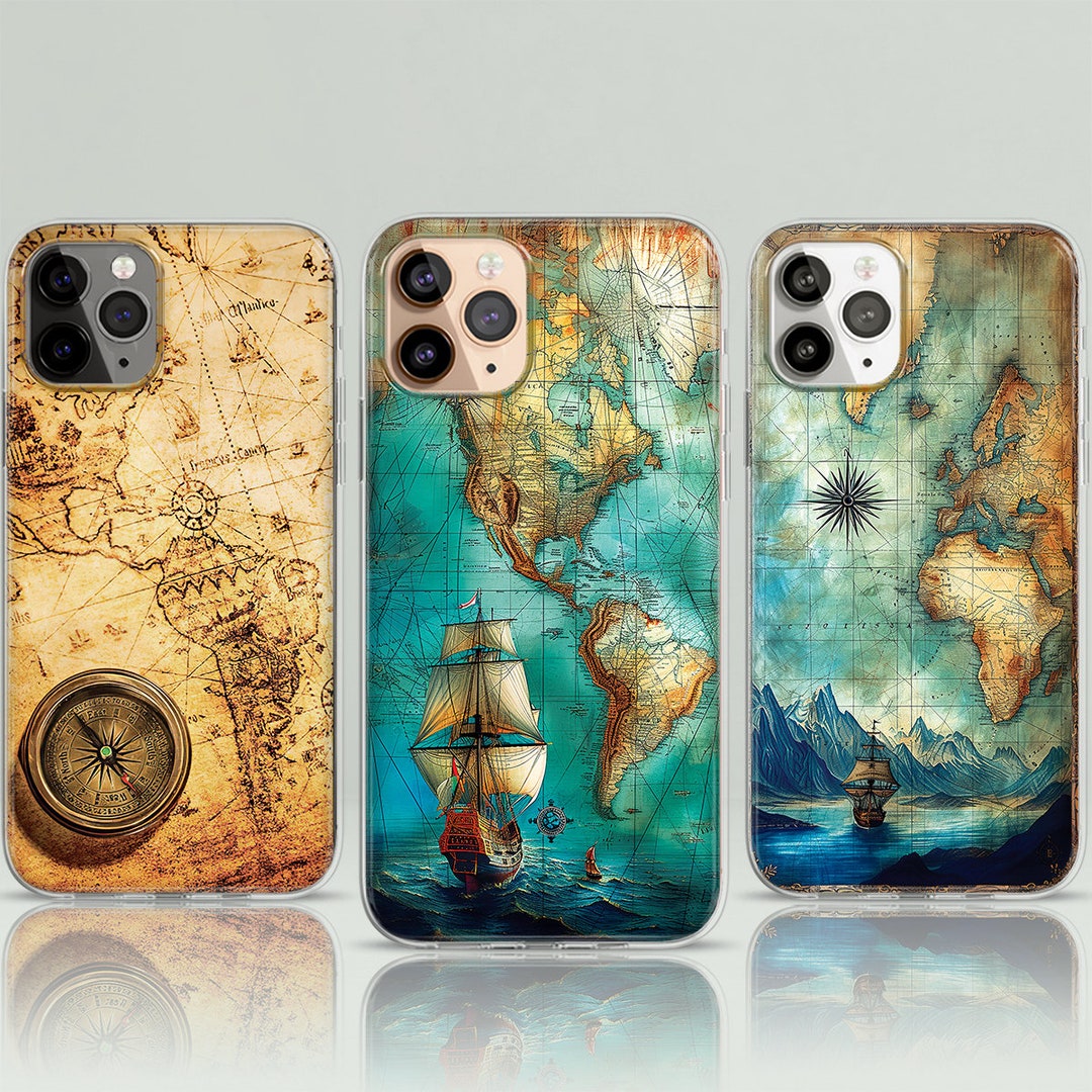 Vintage Adventure Atlas World Map Compass Phone Case, iPhone 15 14 13 ...