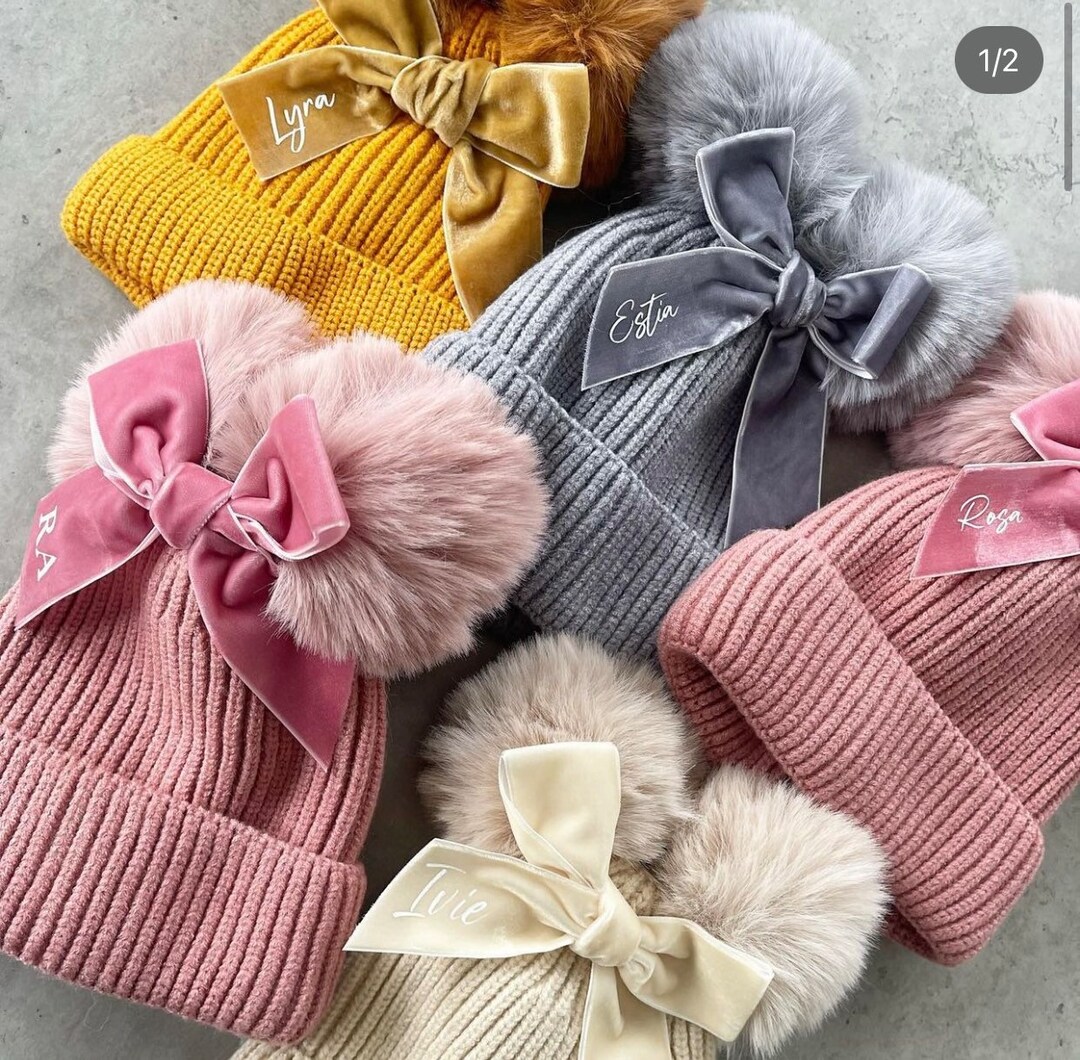 Personalised Pom Pom Hat OTHER Colours Bow Hat Nitted - Etsy