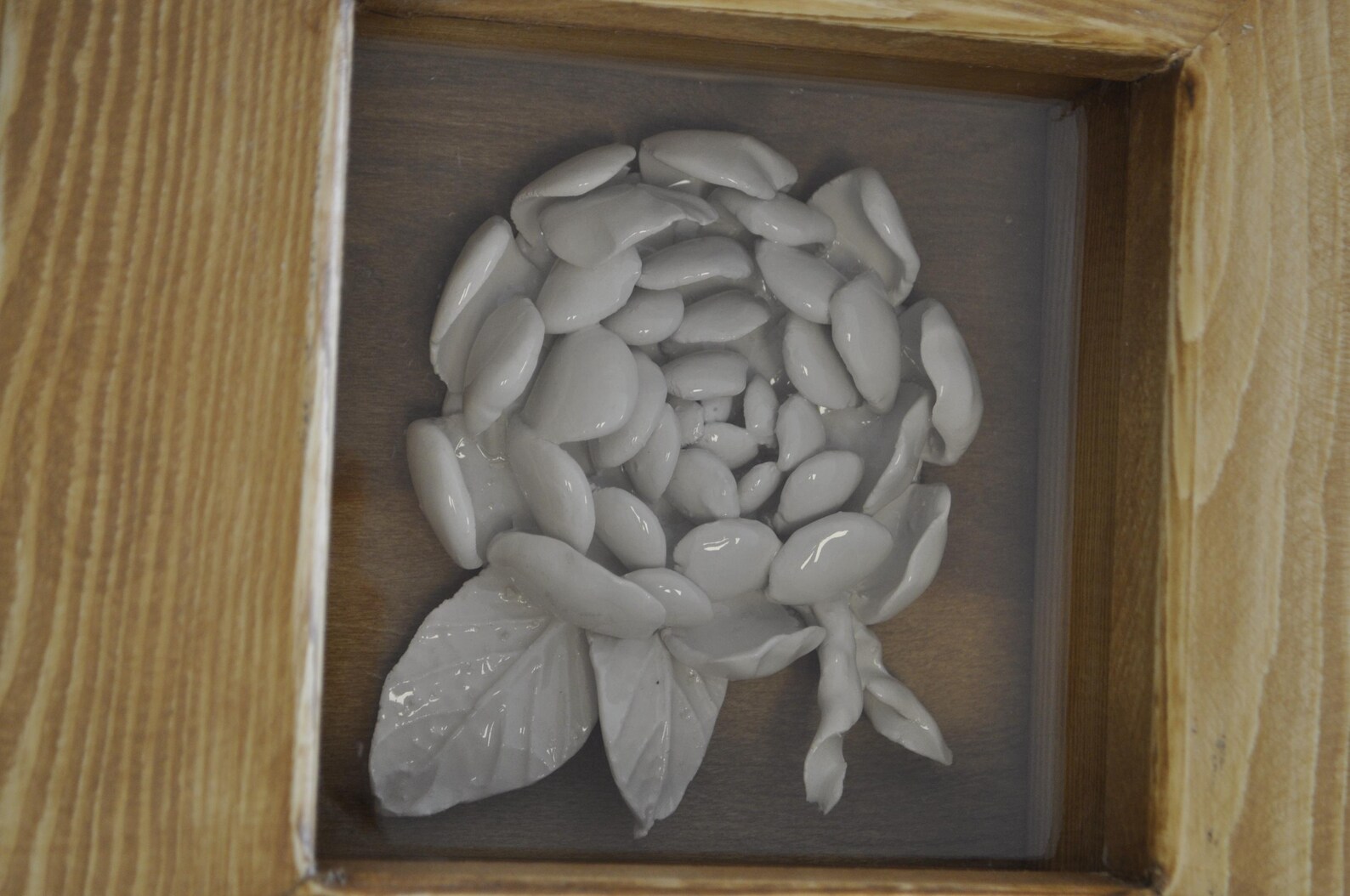 Ceramic Flowers, Wall Sculpture, Wood Framed Ceramic Wall Art, White ...