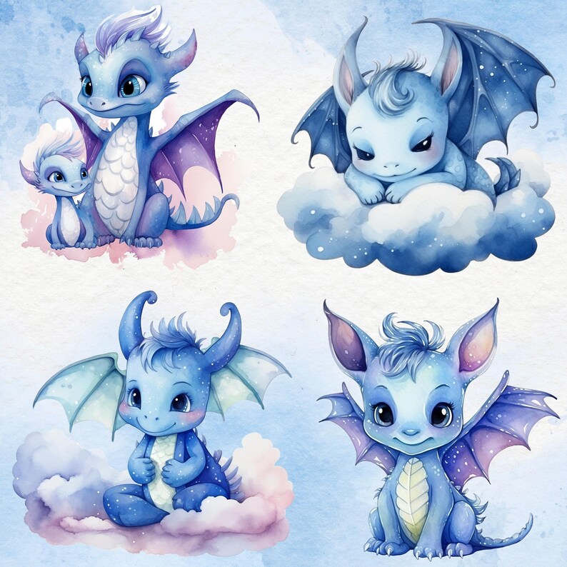 Blue Dragon Clipart, Gender Reveal, Baby, Watercolor Illustration ...