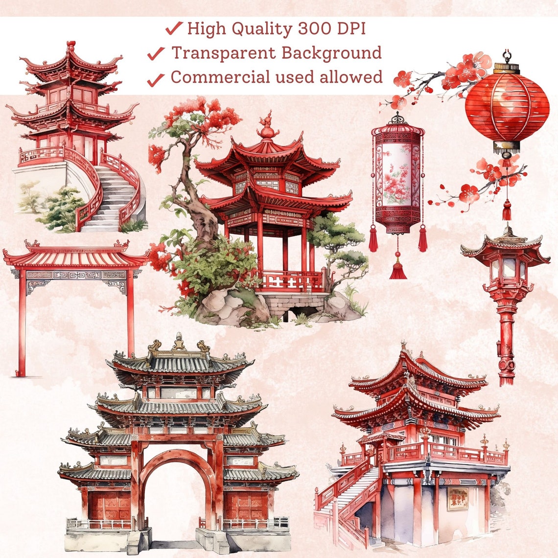 Chinese Lanterns, Watercolor Cliparts, Chinese Illustration, Luna New ...