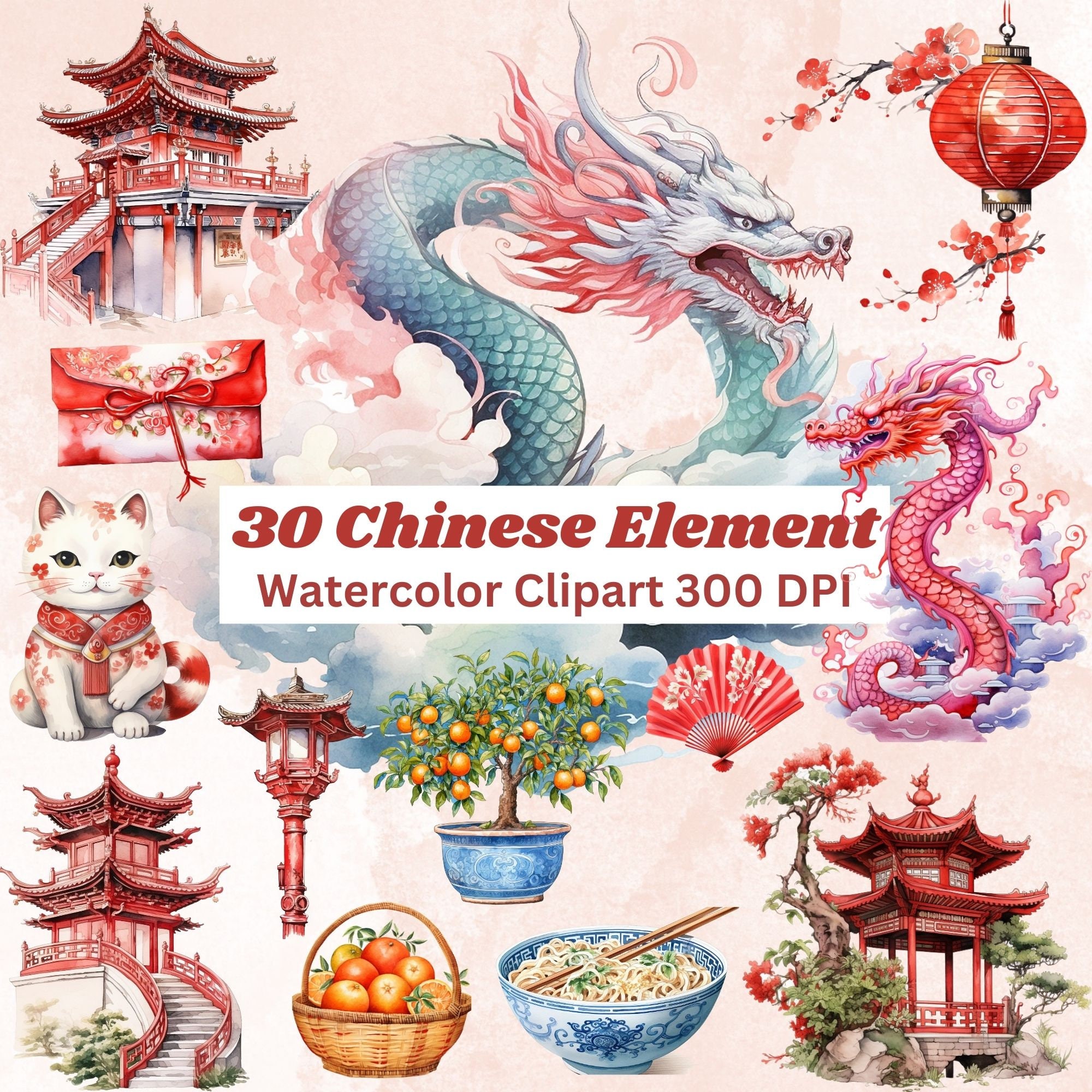 Chinese Lanterns, Watercolor Cliparts, Chinese Illustration, Luna New ...