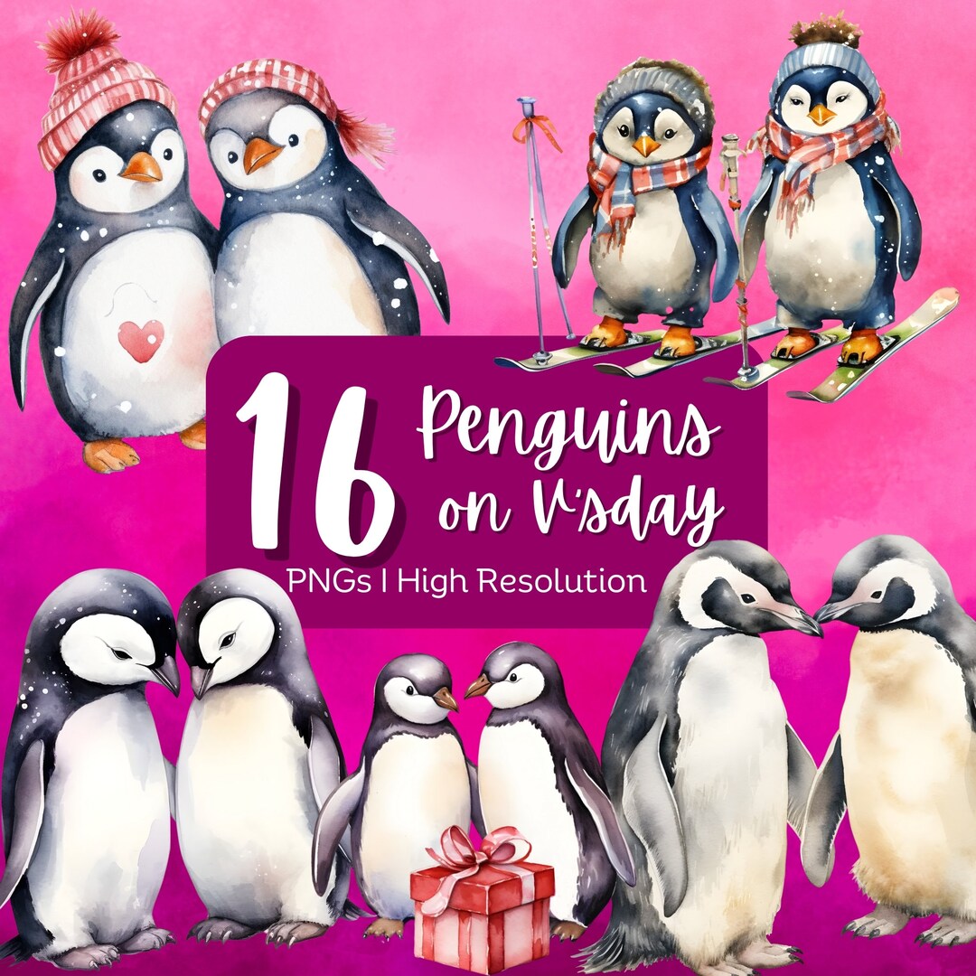 Penguins Valentine Card, Watercolor, Penguins Couple, Penguins Winter ...