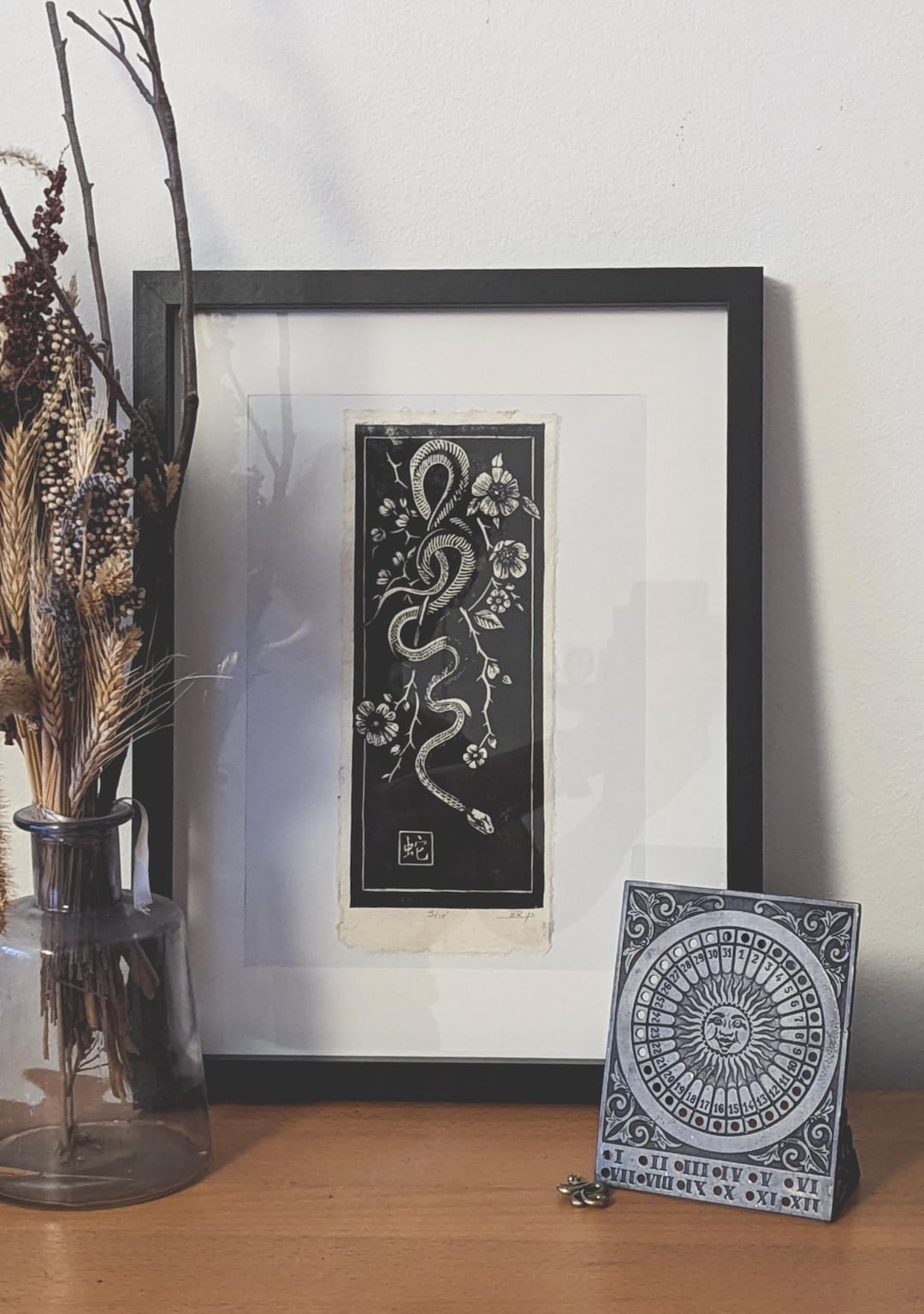 She-oriental Style Snake Linocut Print – Handmade Artwork on Lokta ...