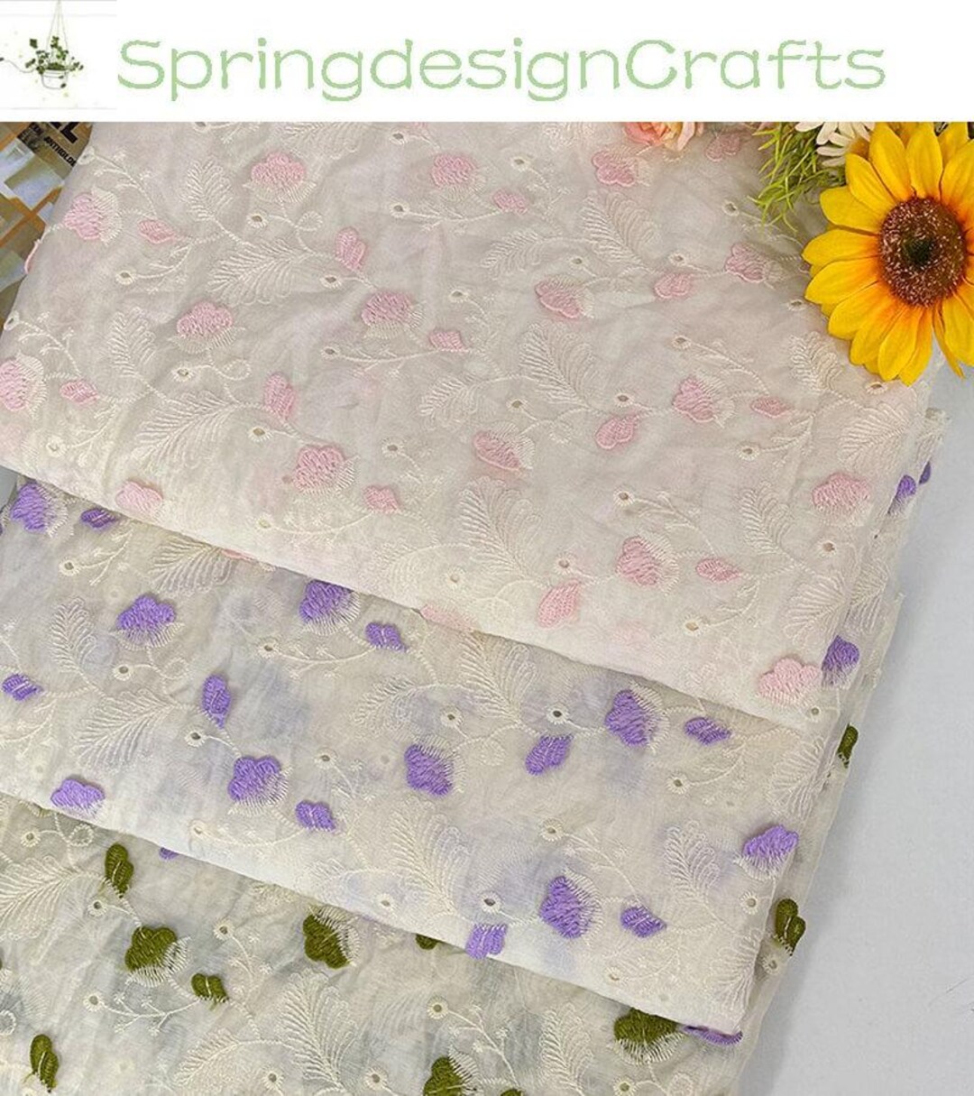 Flower Embroidered Eyelet Fabric: Green Pink Flowers, DIY Sewing Craft ...
