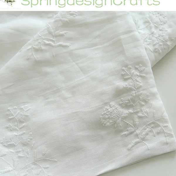 White Linen Embroidered Fabric - Etsy