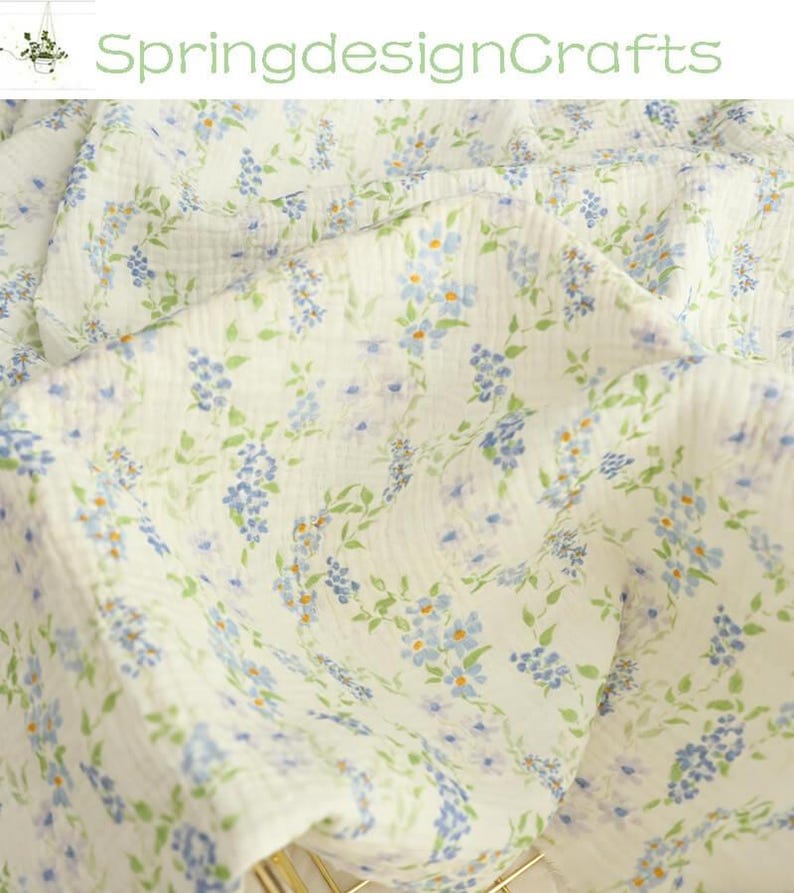 Blue Flower Doube Cotton Gauze Fabric: Crinkle Muslin, Blanket ...