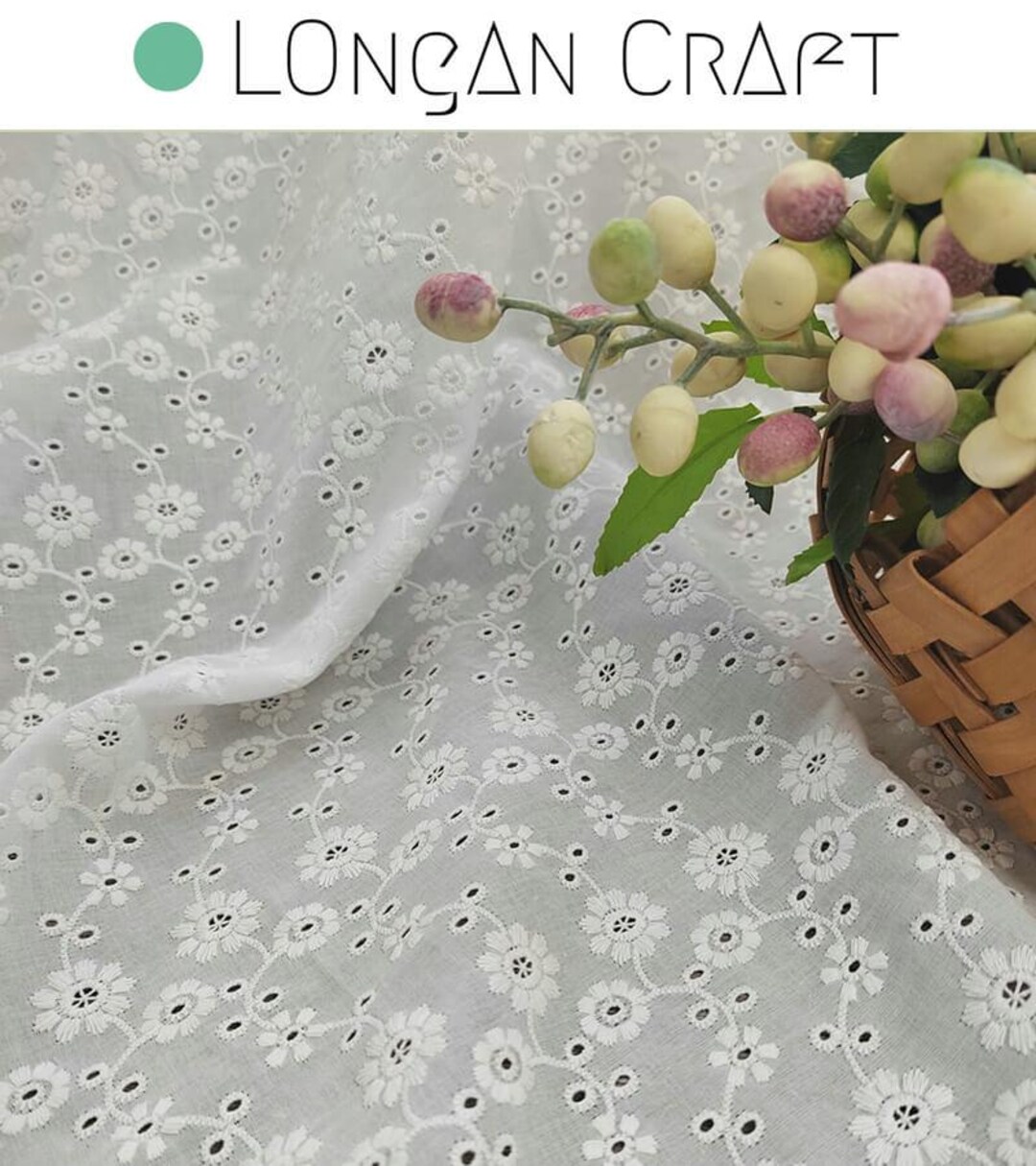 White Floral Embroidered Eyelet Cotton Fabric: DIY Sewing Material ...